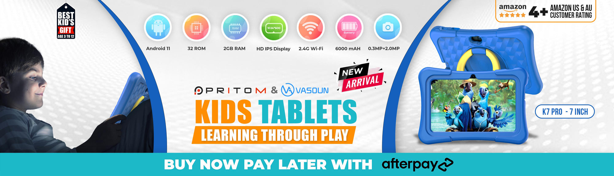 Kids 7 Inch Wifi Tablet, Pritom K7-Pro, Android 11, 2GB RAM, 32GB ROM ...